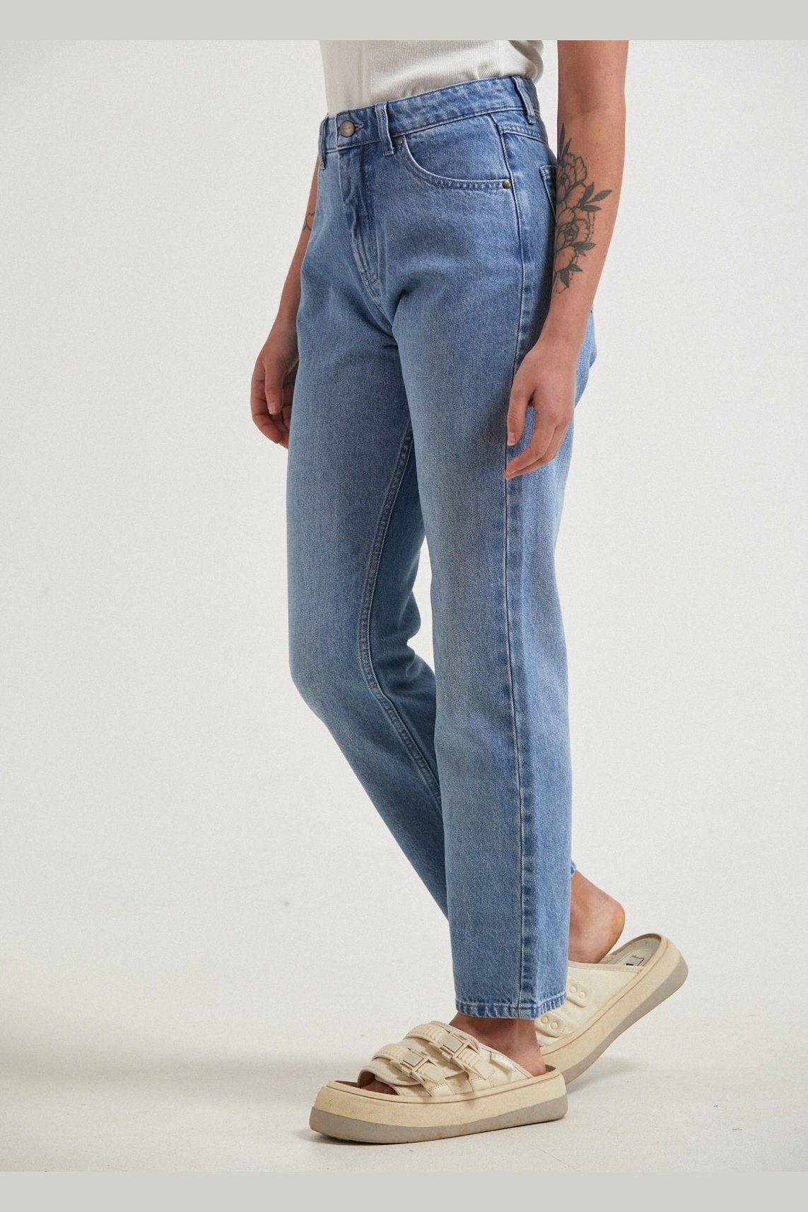 Afends violet- hemp denim straight leg jean - worn blue hemp denim str