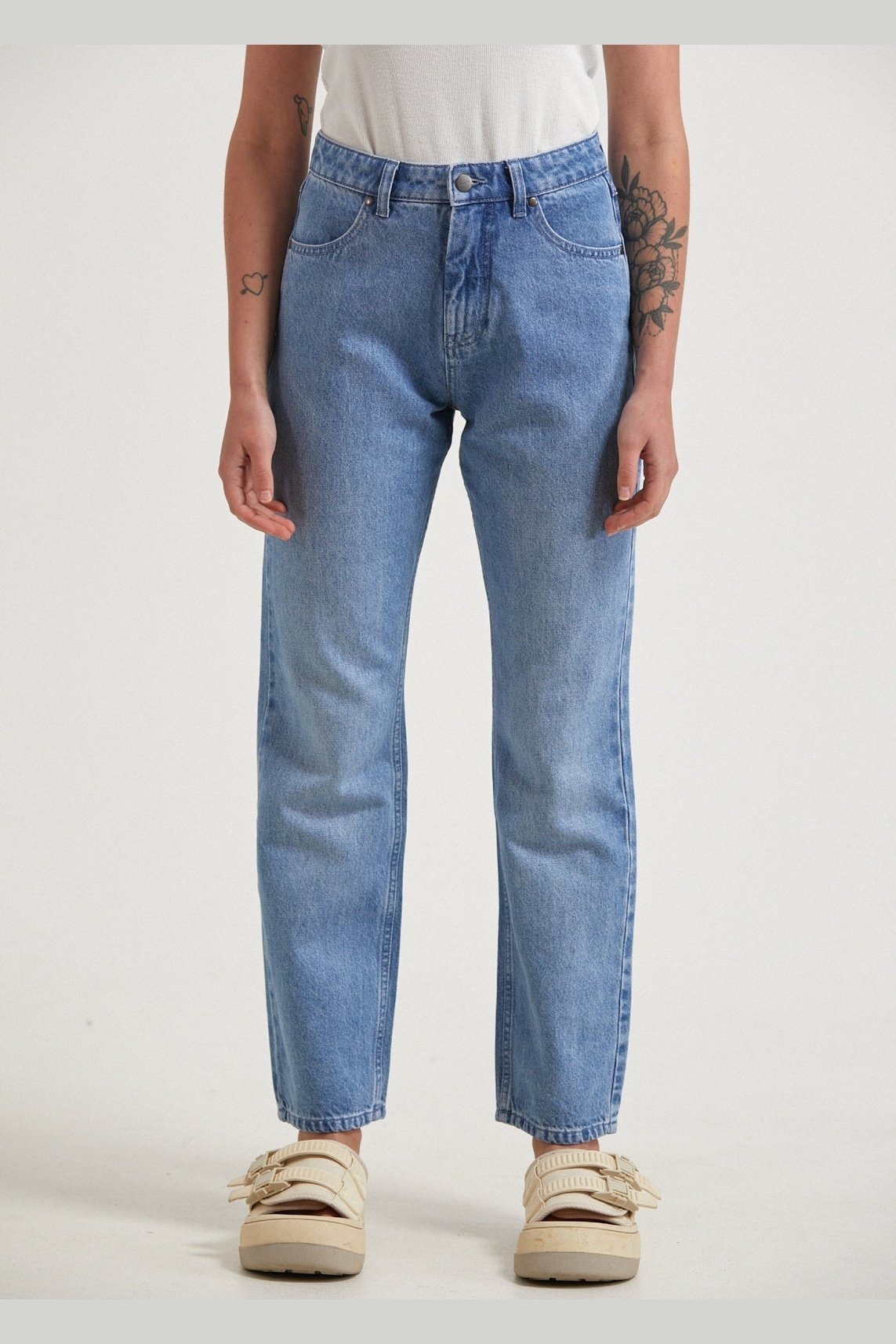 Afends violet- hemp denim straight leg jean - worn blue hemp denim str